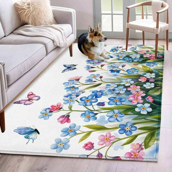 Area Rugs for Living Room 4x6 Ft, Blue Spring Floral Non Slip Area Rugs ...