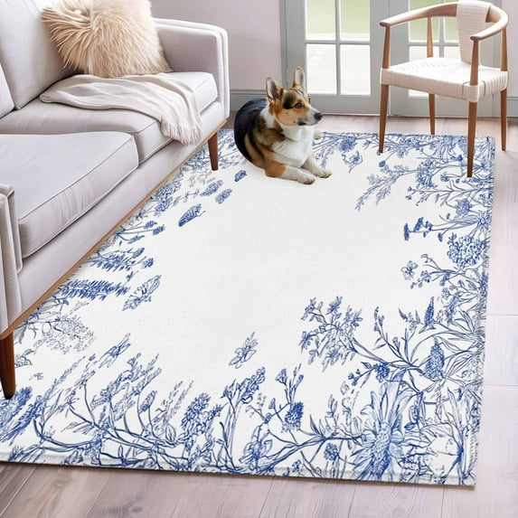 Area Rugs for Living Room 4x6 Ft, Blue Spring Floral Non Slip Area Rugs ...