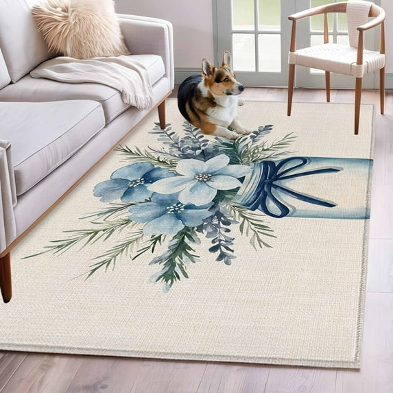 Area Rugs for Living Room 4x6 Ft, Blue Spring Floral Non Slip Area Rugs ...