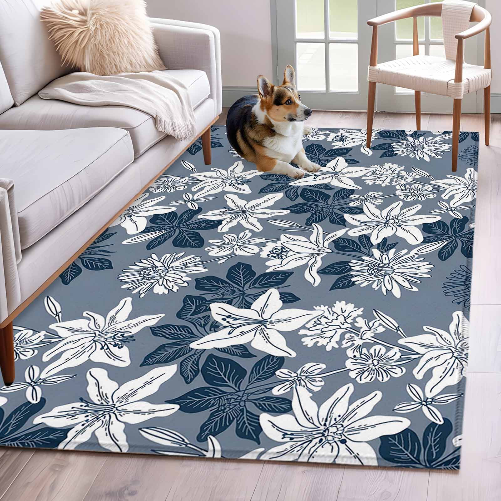 Area Rugs for Living Room 4x6 Ft, Blue White Flowers Non Slip Area Rugs ...