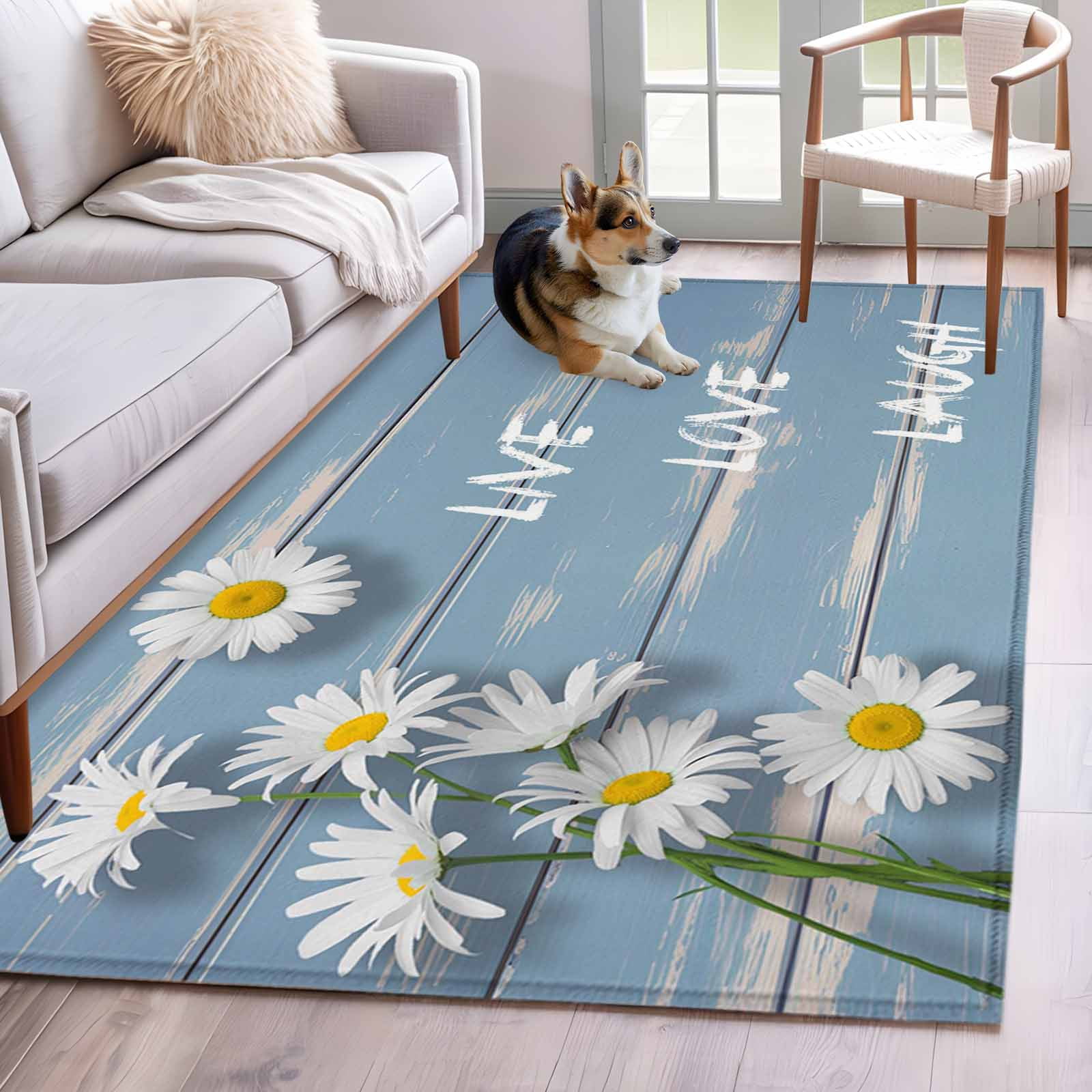 Area Rugs for Living Room 4x6 Ft, Daisy Flower Blue Non Slip Area Rugs ...