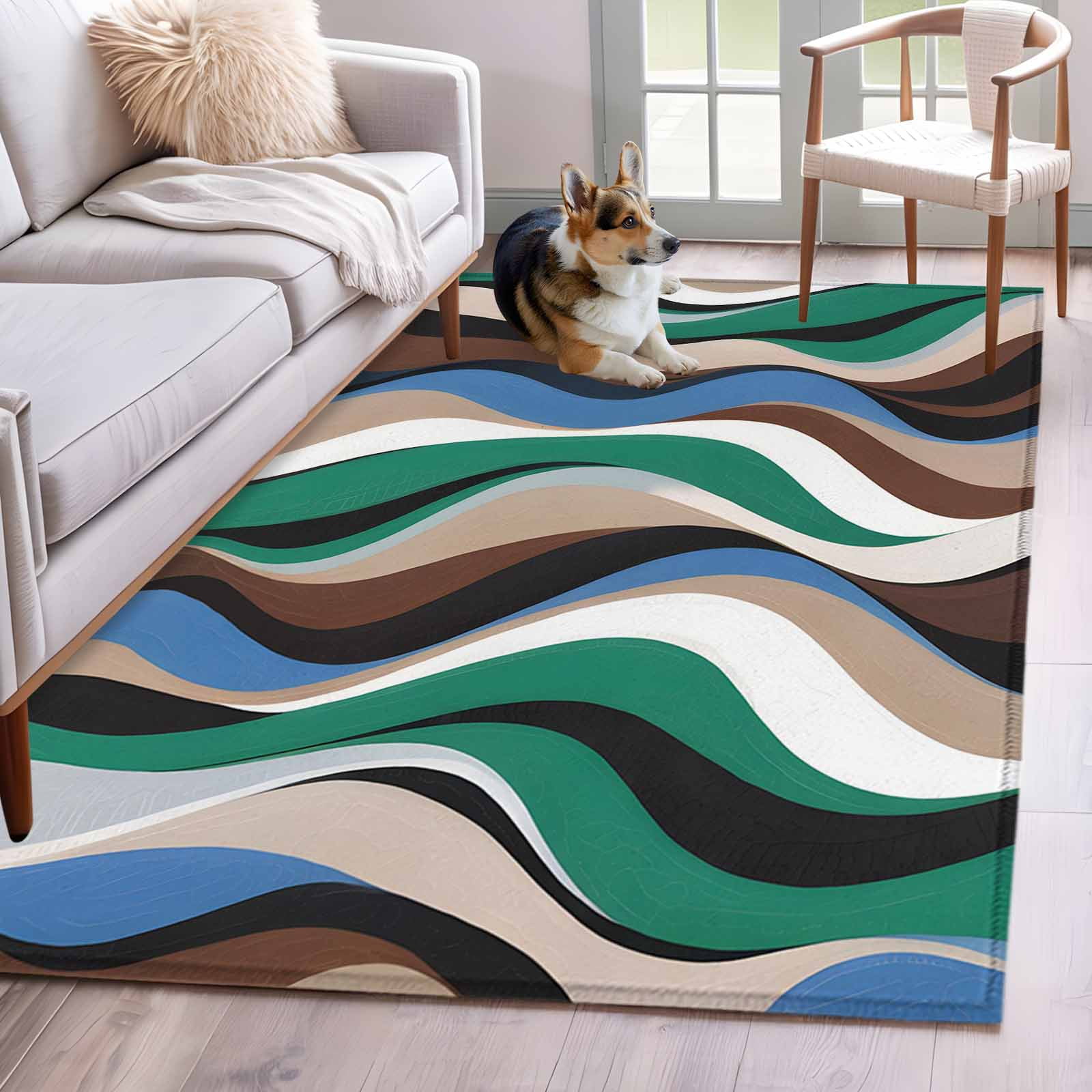 Area Rugs for Living Room 4x6 Ft, Green Blue Brown Moire Non Slip Area ...