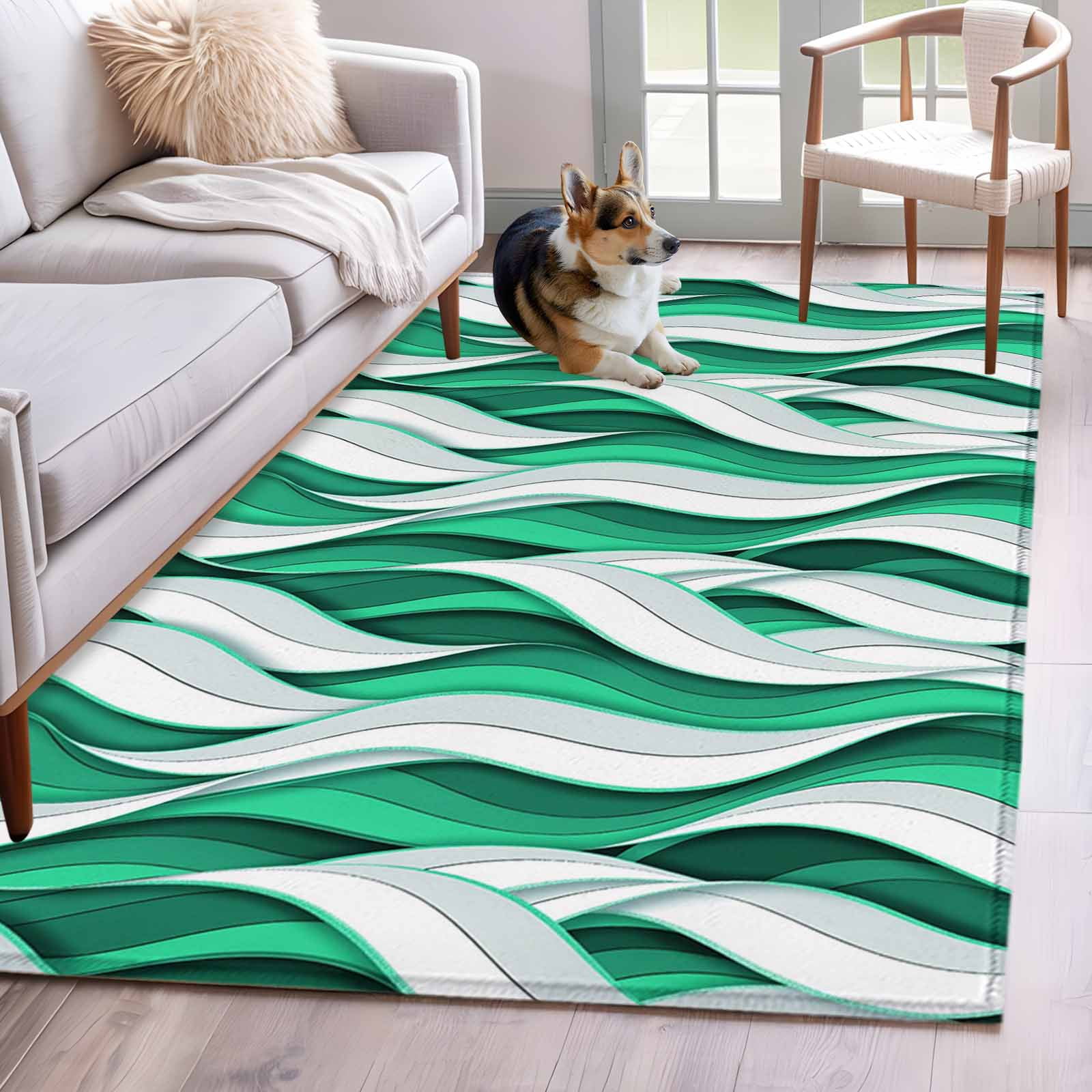 Area Rugs for Living Room 4x6 Ft, Green White Moire Non Slip Area Rugs ...