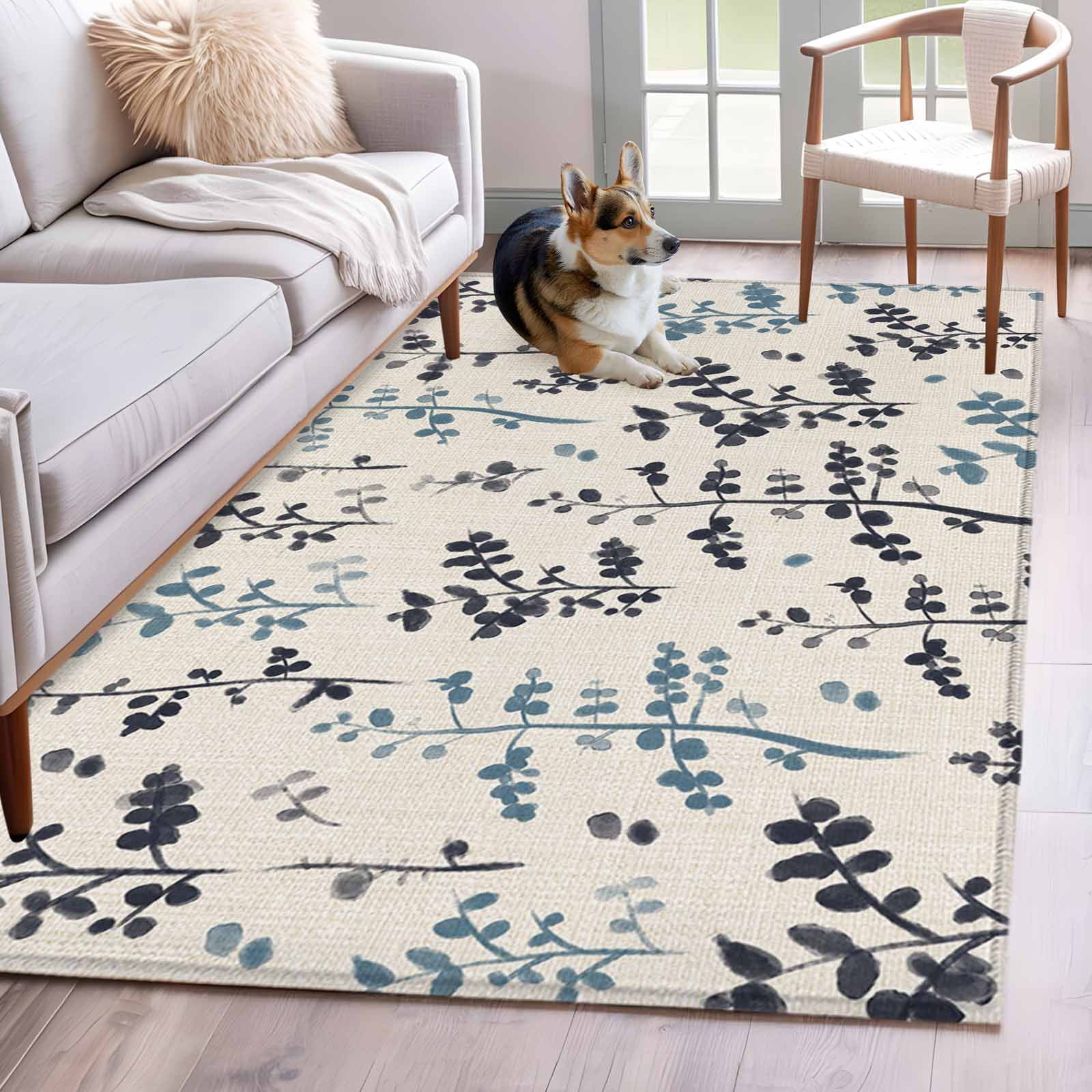 Area Rugs for Living Room 4x6 Ft, Grey Blue Botanical Non Slip Area ...