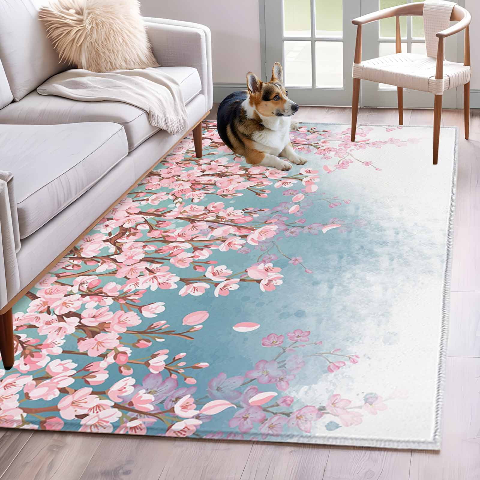 Area Rugs for Living Room 4x6 Ft, Pink Cherry Flower Non Slip Area Rugs ...