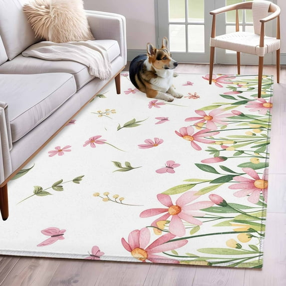 Area Rugs for Living Room 4x6 Ft, Pink Spring Floral Non Slip Area Rugs ...