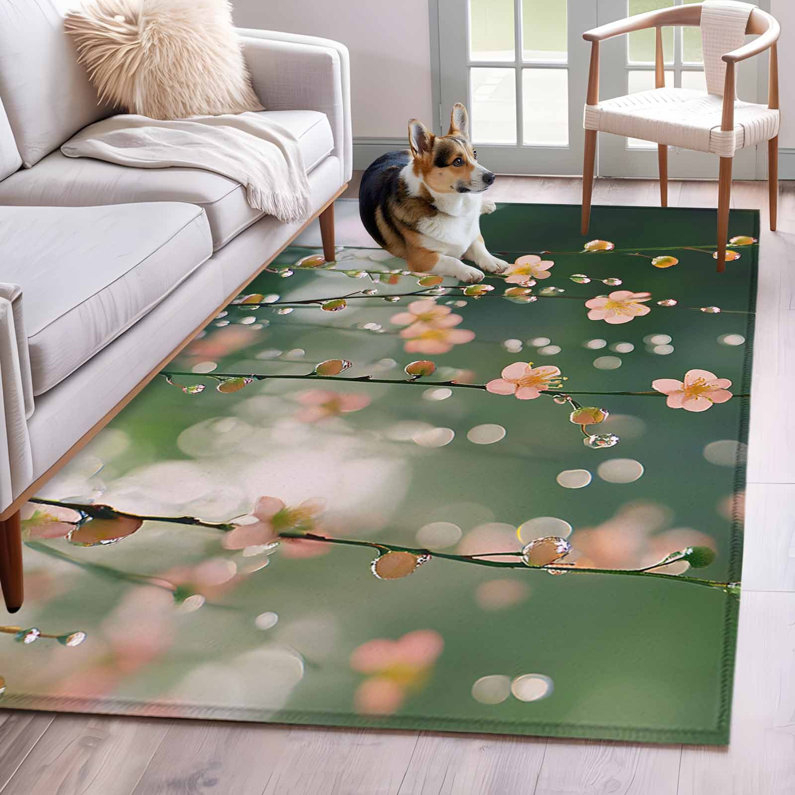 Area Rugs for Living Room 4x6 Ft, Pink Spring Flowers Non Slip Area ...