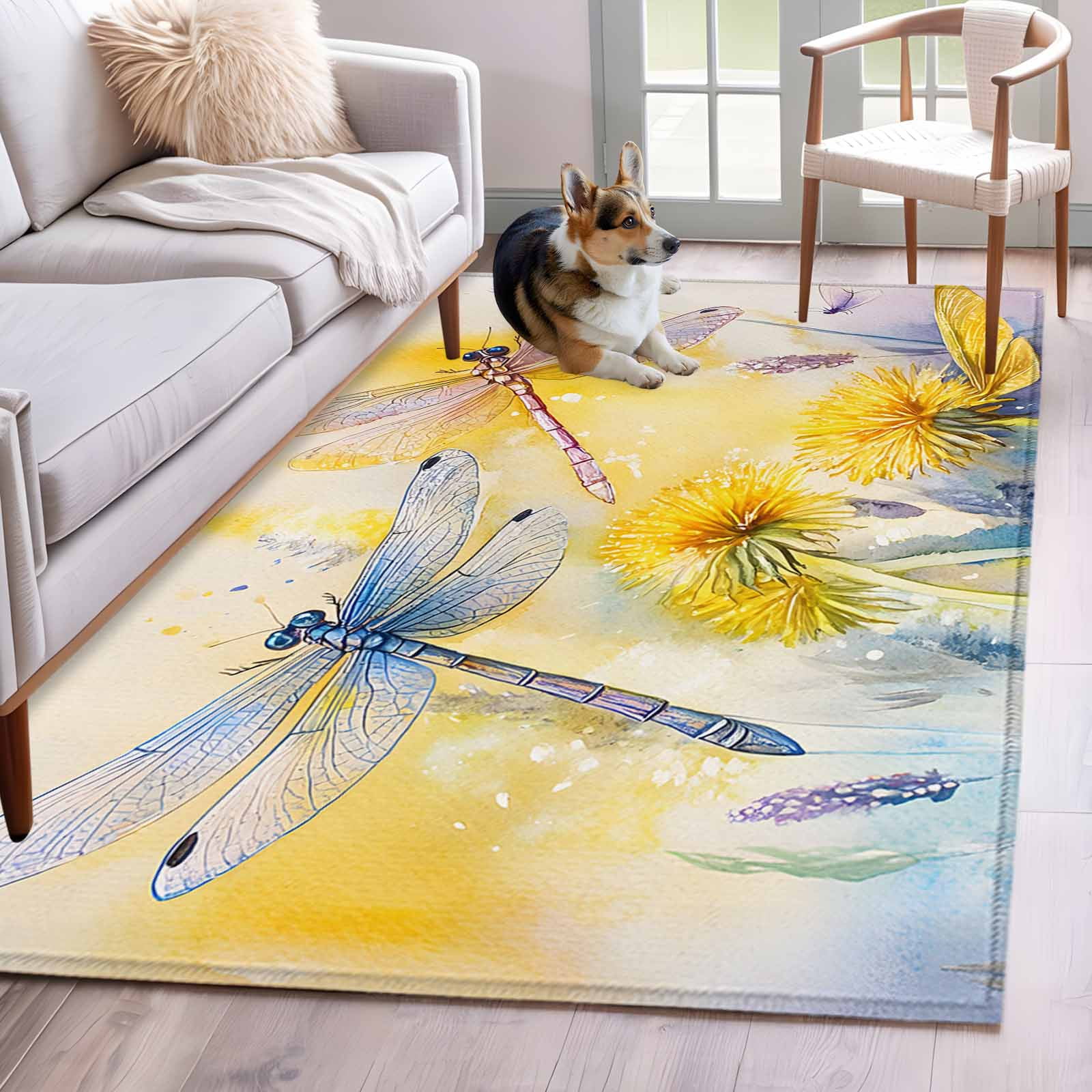 Area Rugs for Living Room 4x6 Ft, Purple Yellow Dragonfly Non Slip Area ...