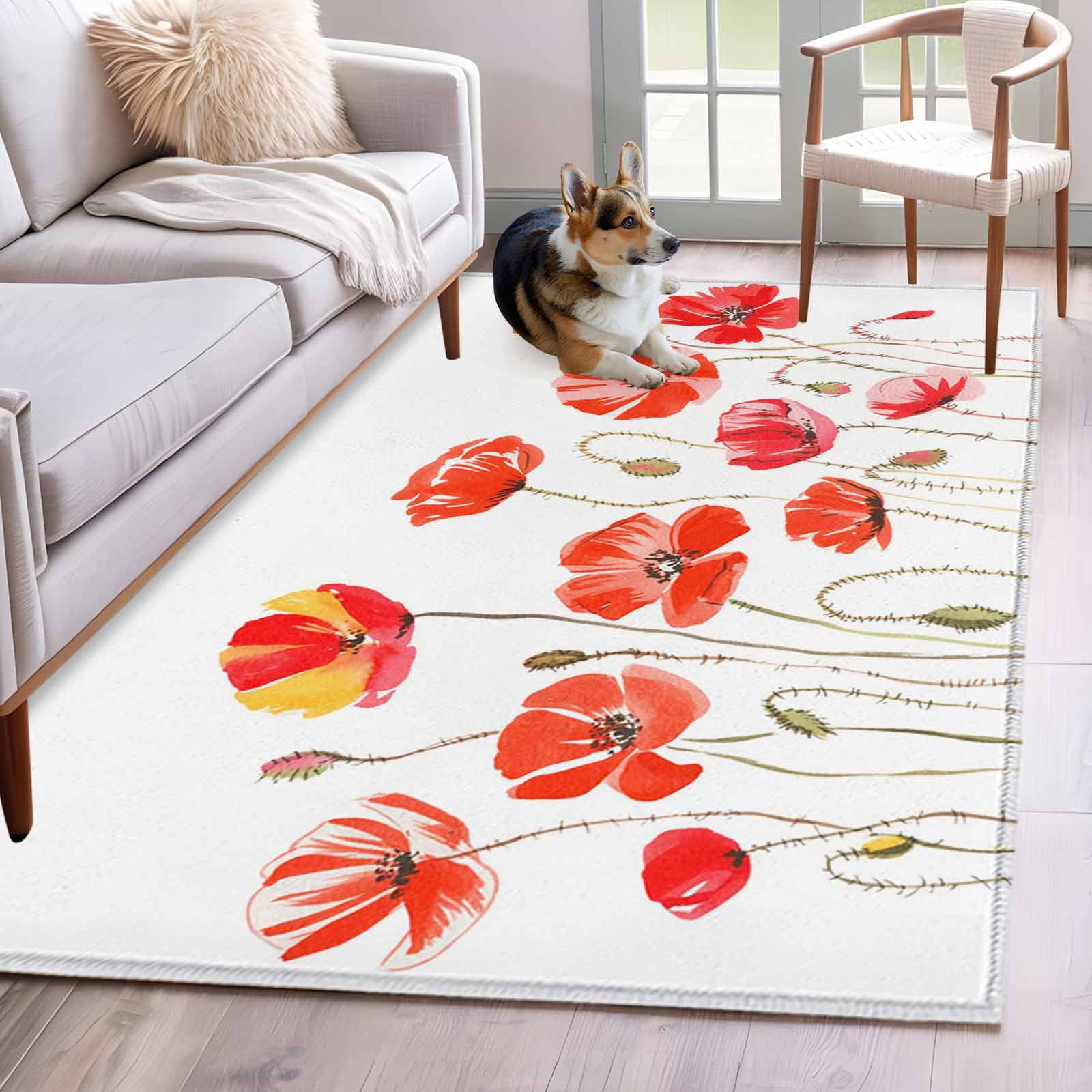 Area Rugs for Living Room 4x6 Ft, Red Flowers Non Slip Area Rugs for ...