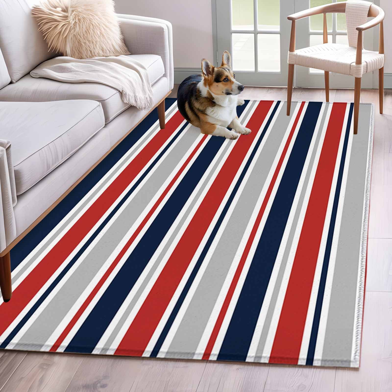 Area Rugs for Living Room 4x6 Ft, Red Navy Blue Striped Non Slip Area ...