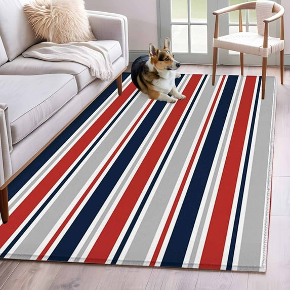 Area Rugs for Living Room 4x6 Ft, Red Navy Blue Striped Non Slip Area ...