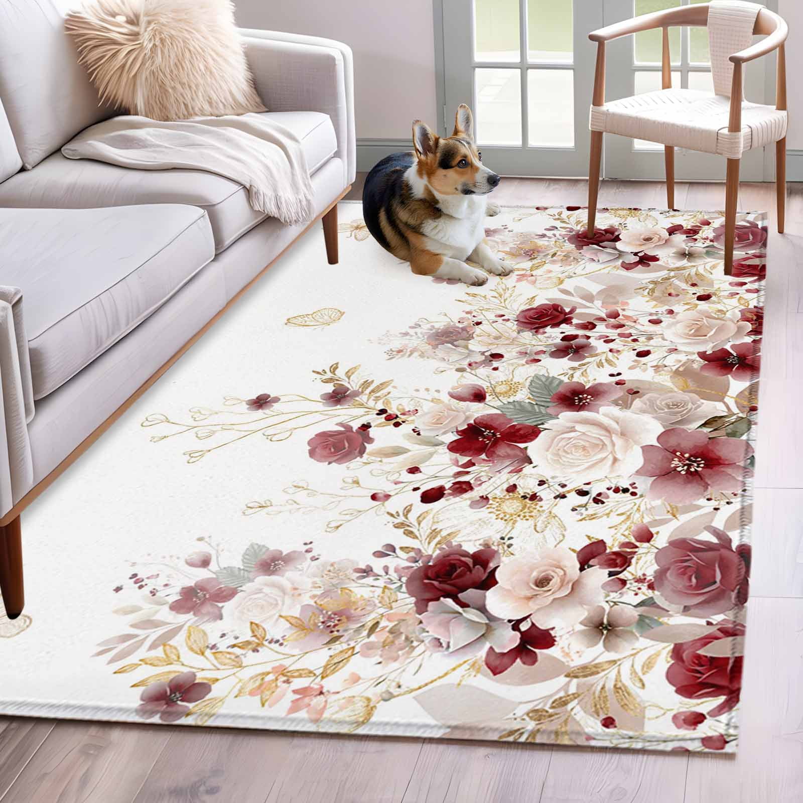 Area Rugs for Living Room 4x6 Ft, Red Spring Floral Non Slip Area Rugs ...