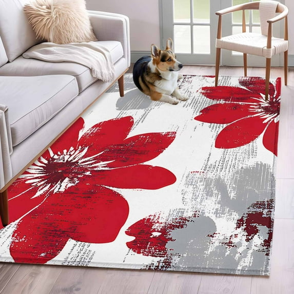 Area Rugs for Living Room 4x6 Ft, Red Spring Floral Non Slip Area Rugs ...