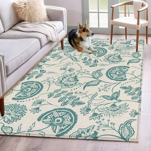 Area Rugs for Living Room 4x6 Ft, Teal Green Spring Floral Non Slip ...