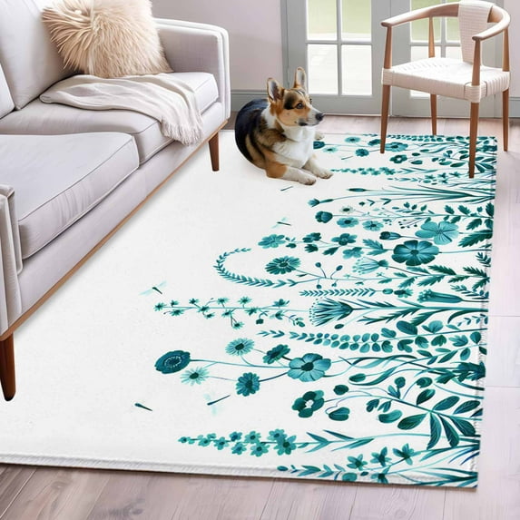 Area Rugs for Living Room 4x6 Ft, Teal Spring Floral Non Slip Area Rugs ...