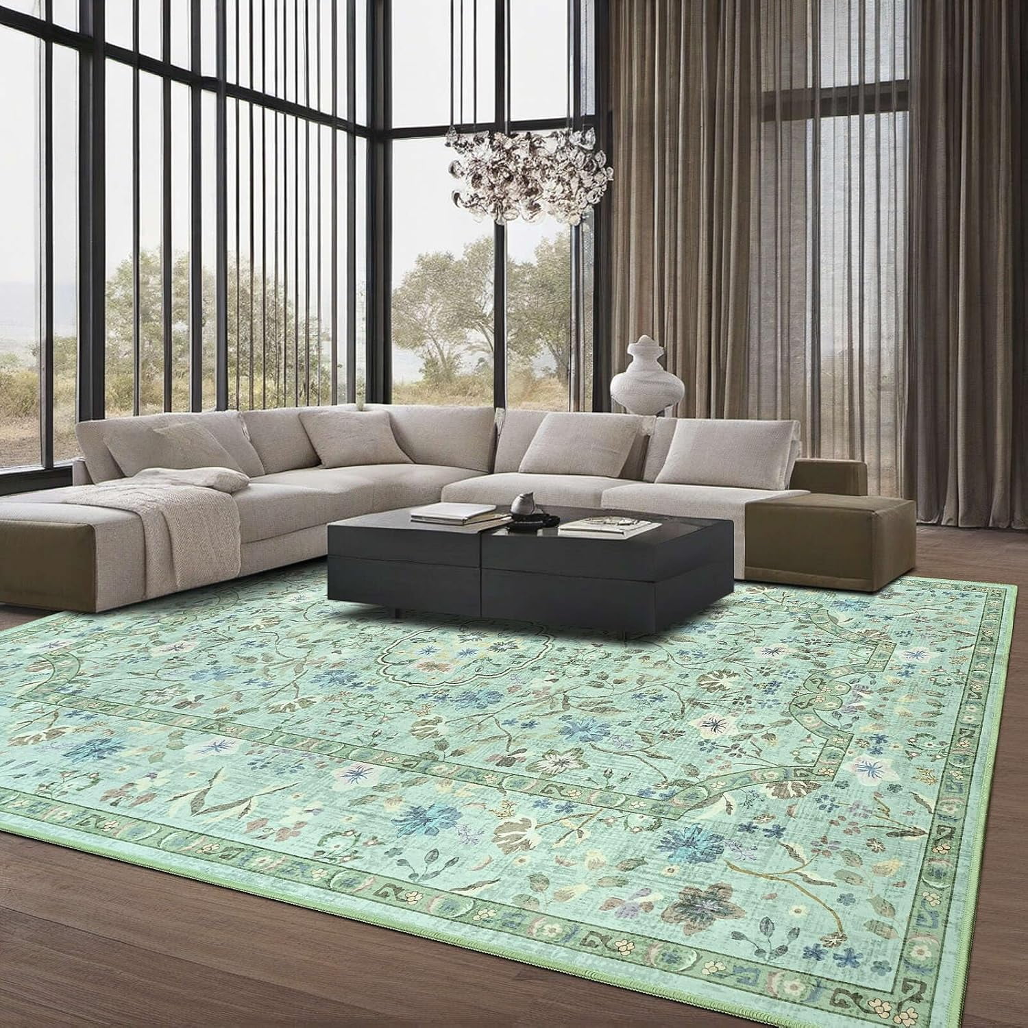 Area Rugs for Living Room, 8x10 Washable Rug, Green Large Living Room ...
