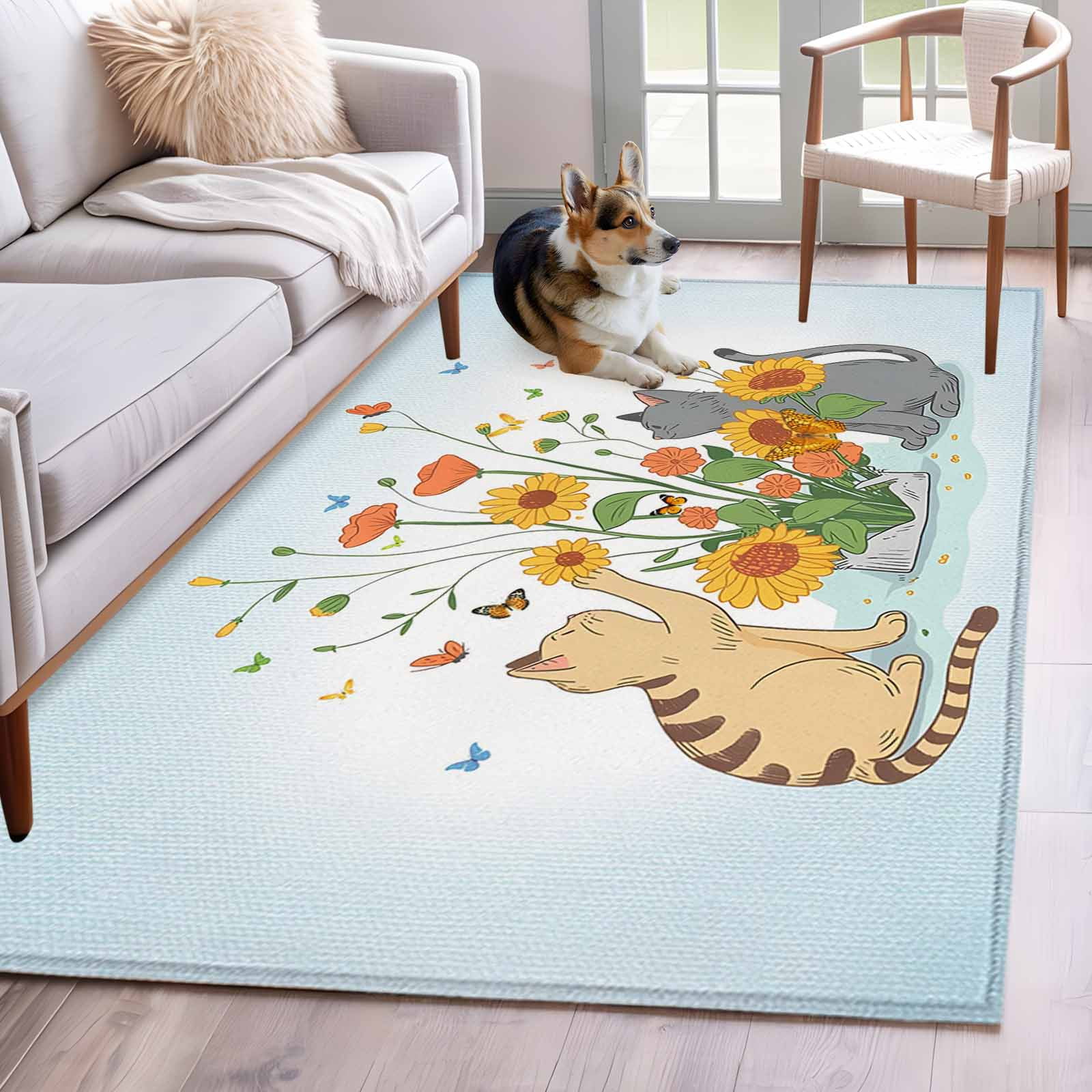 Area Rugs for Living Room Bedroom, Cats Flowers 4'x6' Rug Washable ...