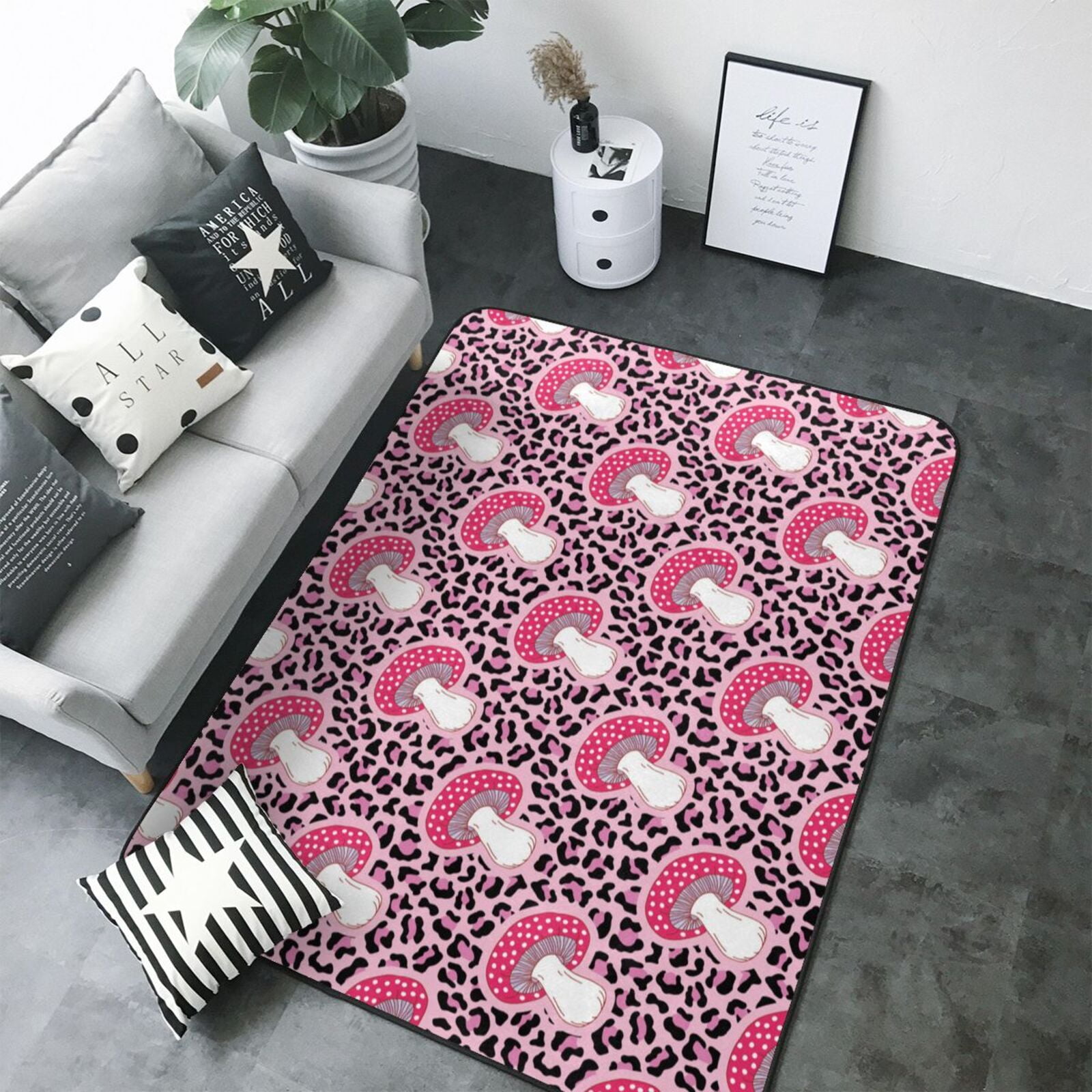 Area Rugs For Living Room Decor - Pink Leopard Print Mushroom Soft Anti ...