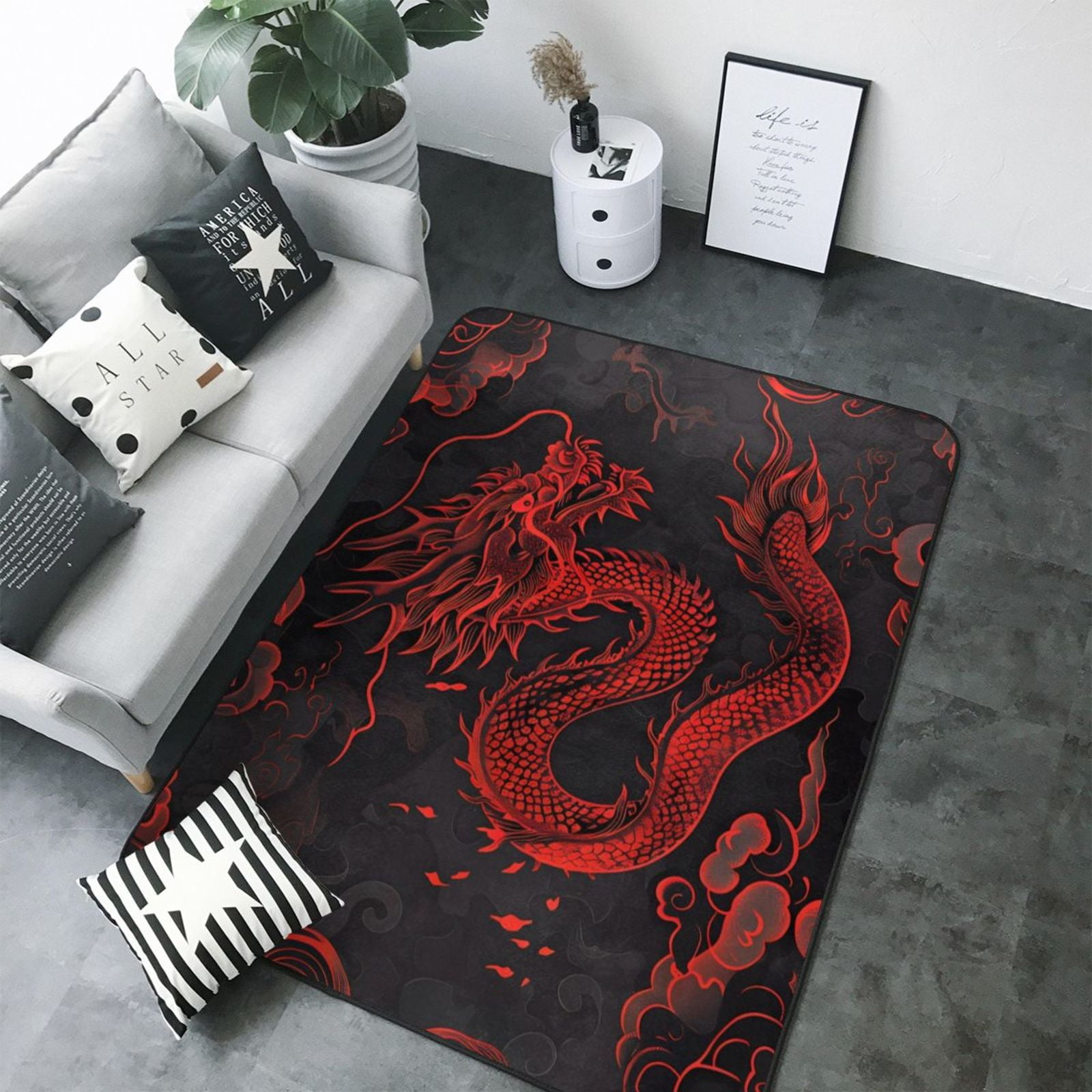 Area Rugs For Living Room Decor - Red Dragon On Black Soft Anti Slip ...