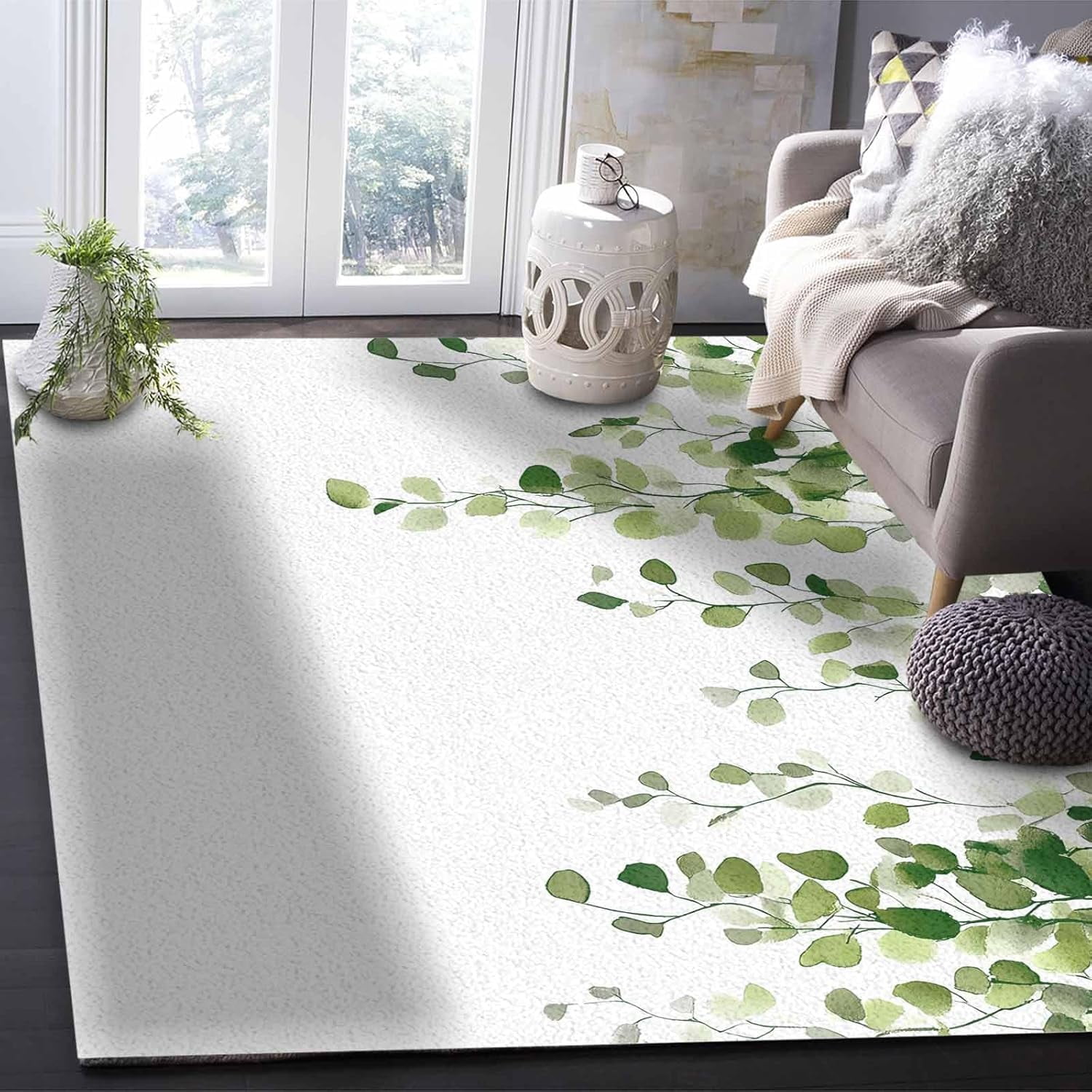 Area Rugs Living Room Rug Sage Green Eucalyptus Leaves On The Top ...