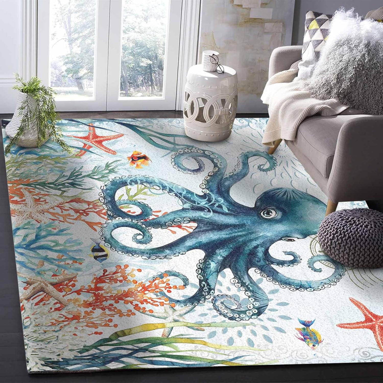 Area Rugs Living Room Rug Summer Ocean Octopus Coral Washable Soft ...