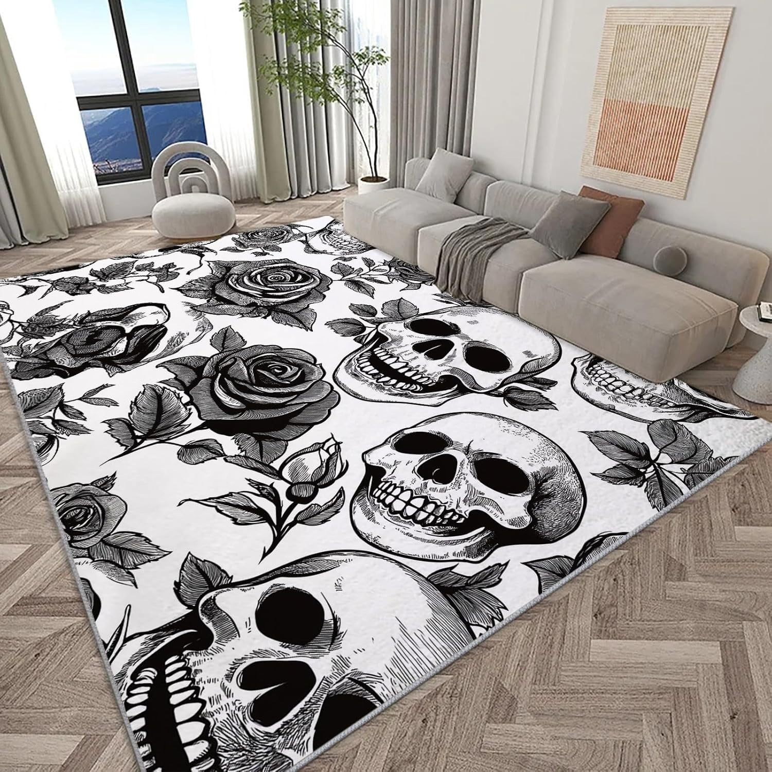 Area Rugs For Living Room, Washable Rug Tattoo Art Skull Rose Soft Non ...