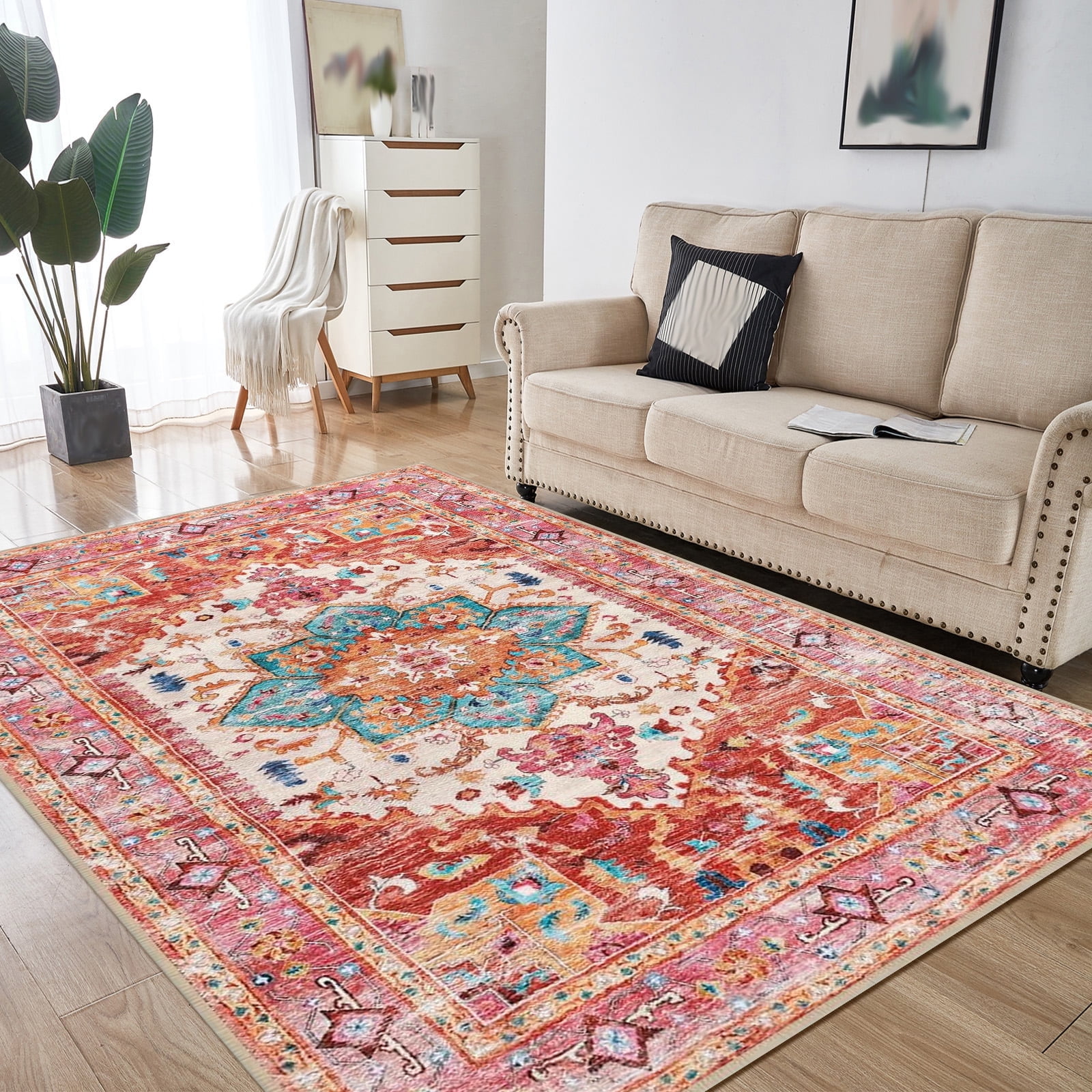 Area Rugs for Living Room, Yamaziot 4x6Ft Washable Rug, Vintage Boho ...