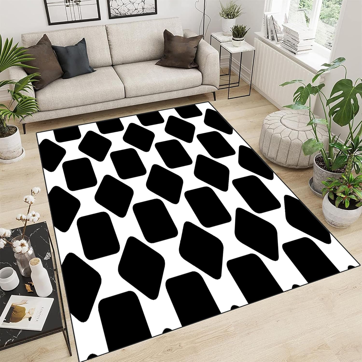 Area Rugs Modern Black And White Rugs Square Patterns Non-Slip Washable ...