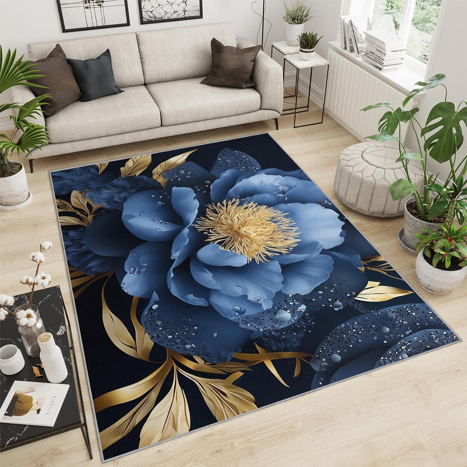 Area Rugs Navy Blue Rose Flowers, Romantic Black Gold Plant Leaves ...