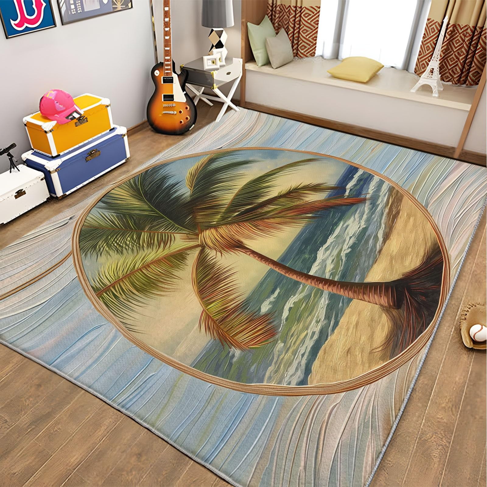 Area Rugs, Painting Style Beach Palm Trees Rug Home Modern Carpet, Oil ...