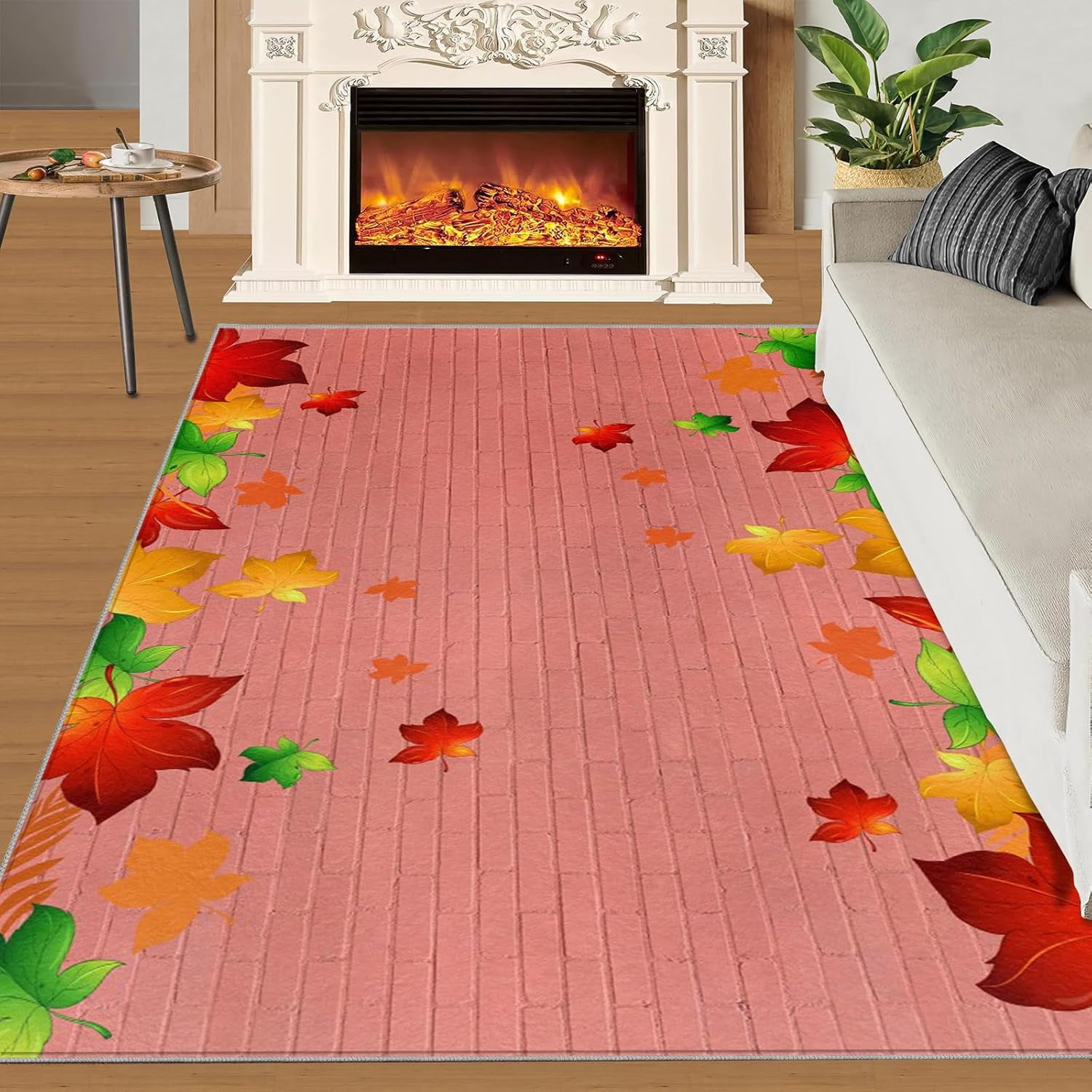 Area Rugs Pink Red Wall Tiles Rug ，Bricks Background Maple Leaves ...
