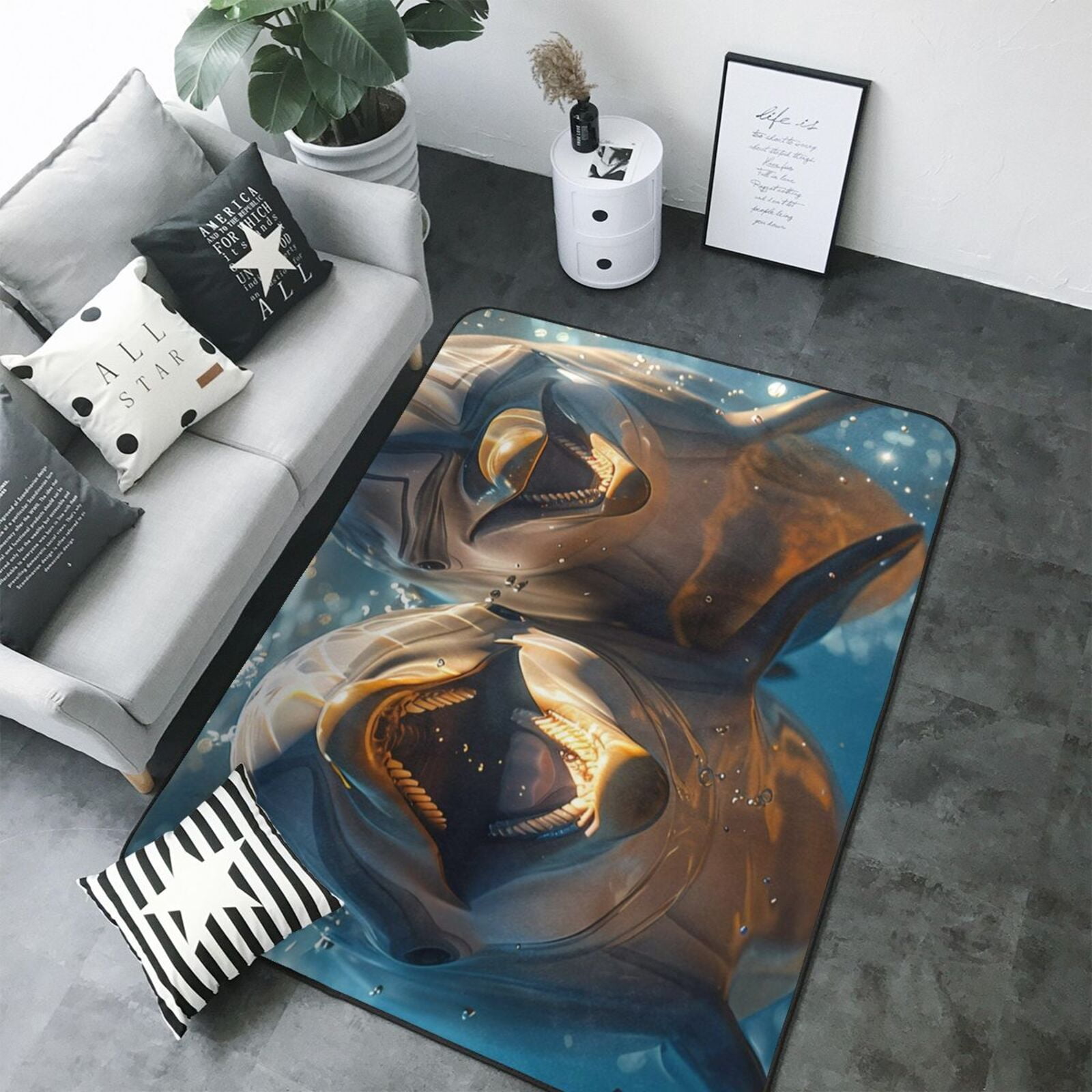 Area Rugs, Playful Dolphins Underwater Washable Large Rugs for Living ...