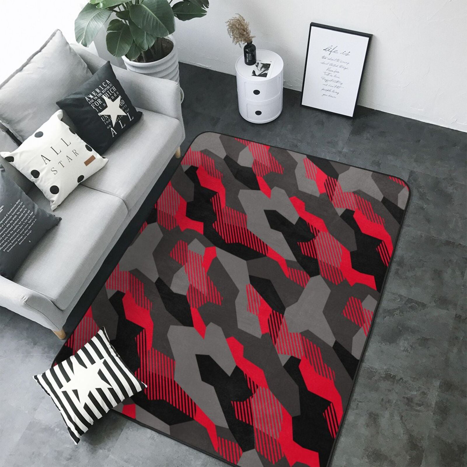 Area Rugs, Red Grey Black Camouflage Washable Large Rugs for Living ...