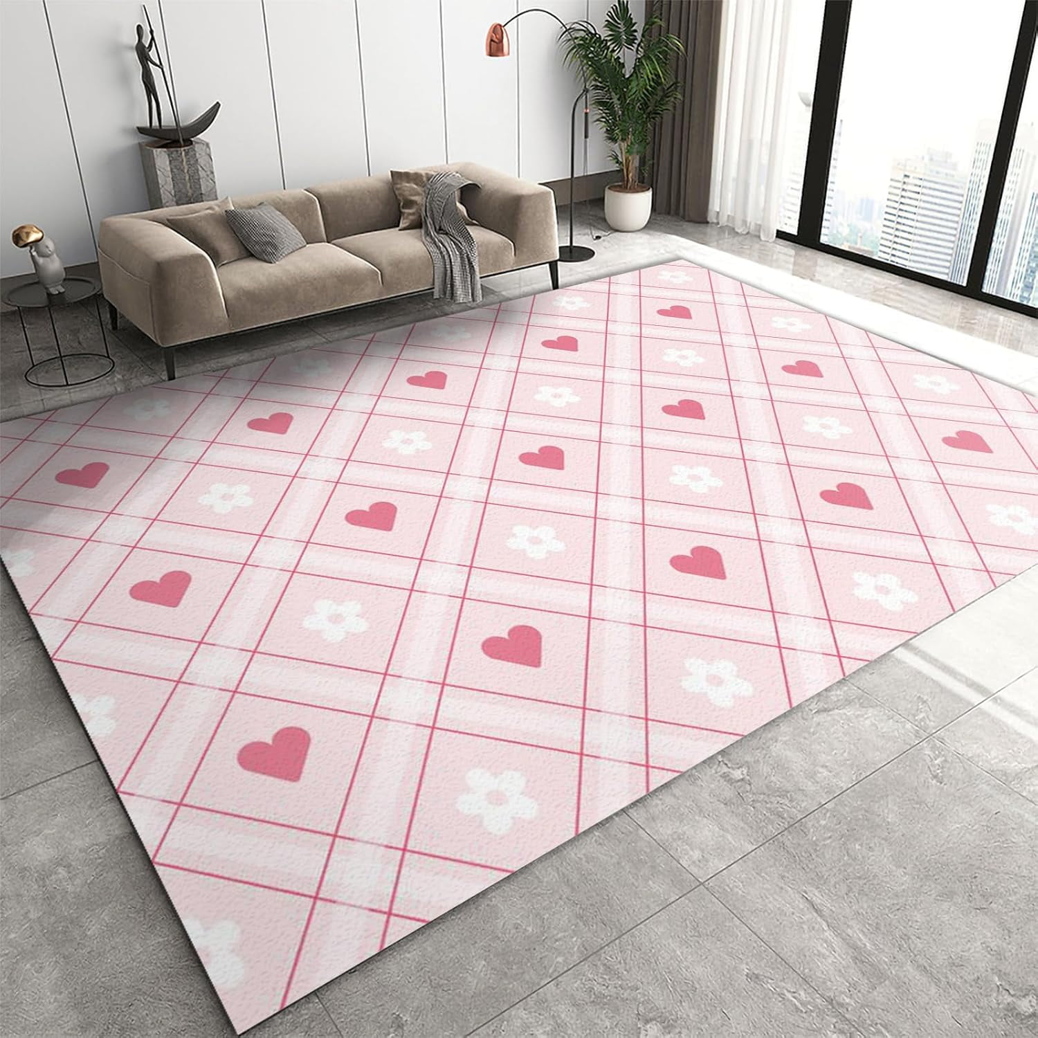 Area Rugs Romantic Loving Heart Checkered Bedroom Rug, Cute Pink ...