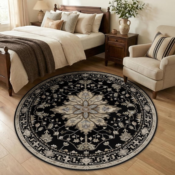 Area Rugs Round 5ft Washable Non-slip Flvintdimedallion Carpet For ...