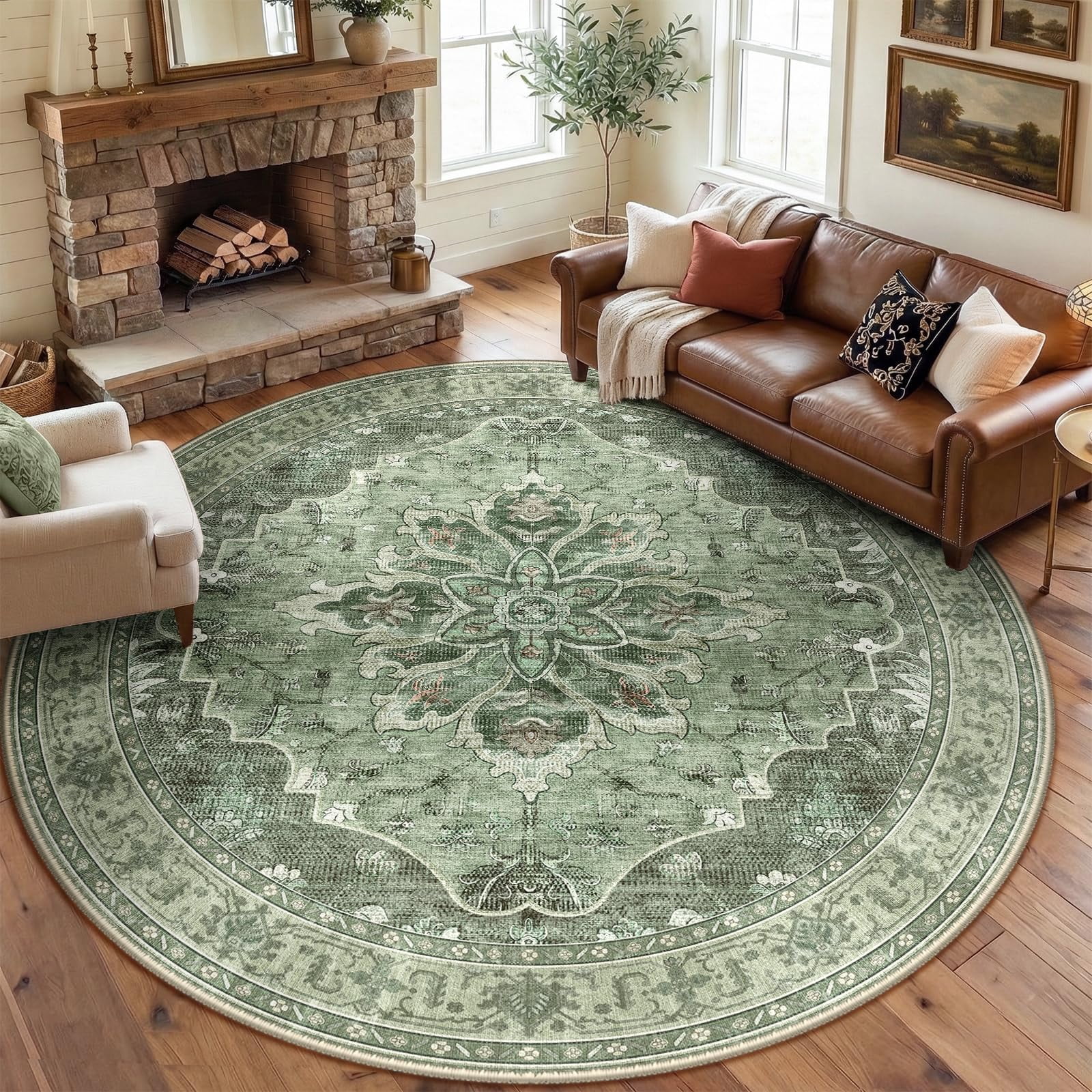 Area Rugs Round 8ft Washable Non-slip Floral Vintage Distress Print ...