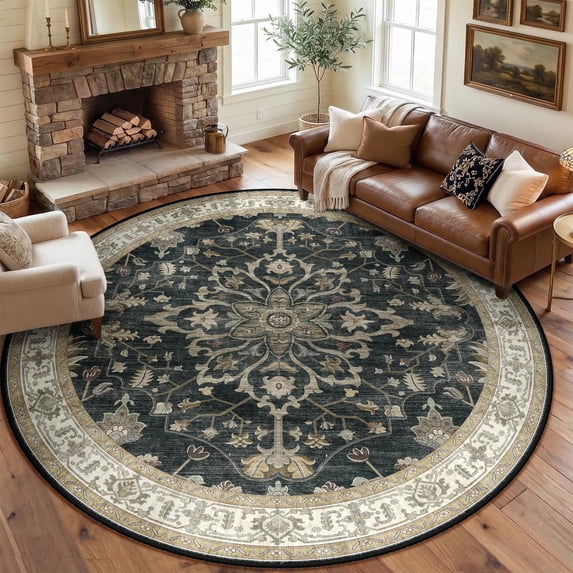 Area Rugs Round 8ft Washable Non-slip Flvintdimedallion Carpet For ...