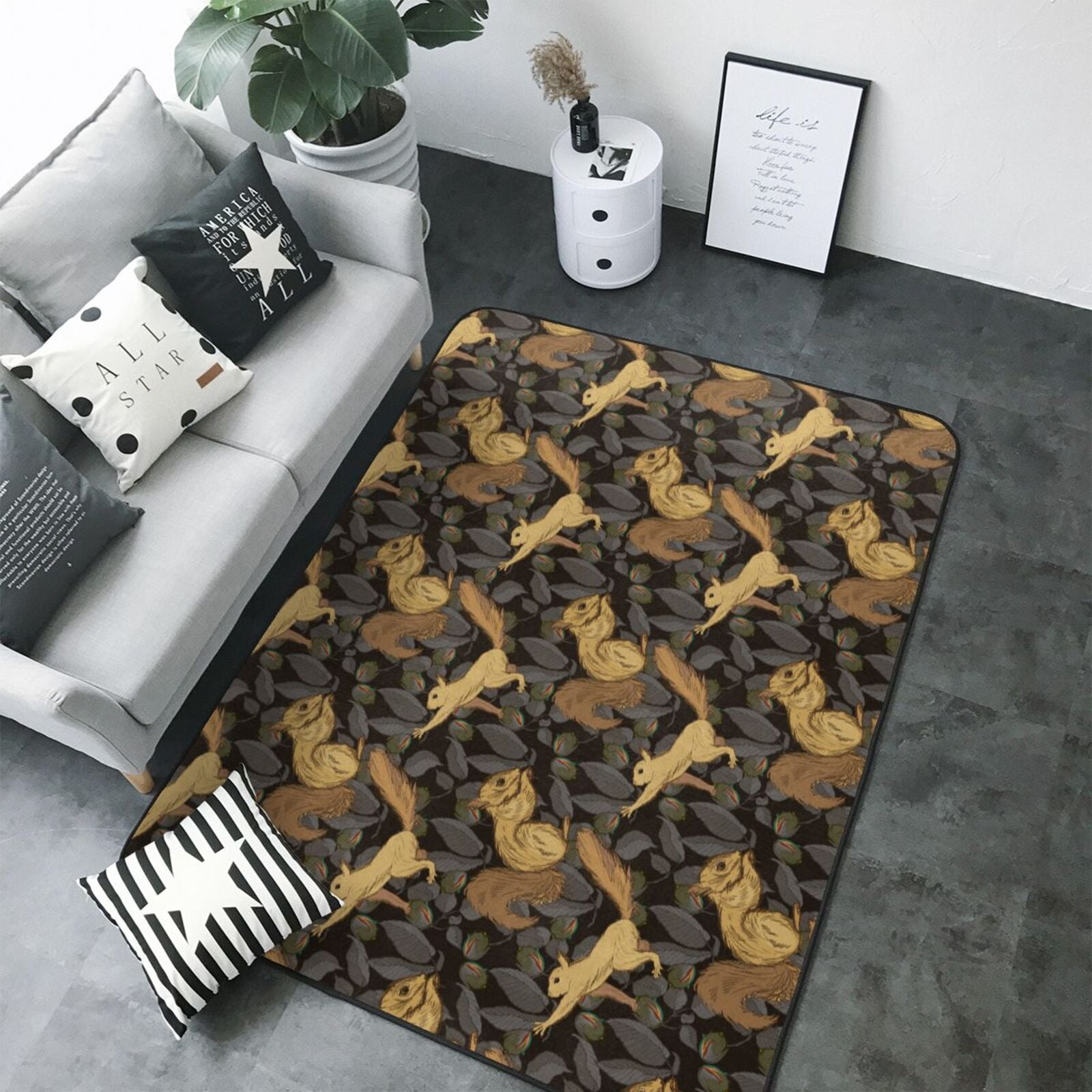 Area Rugs, Rustic Hand Drawn Cute Squirrel Washable Large Rugs for ...