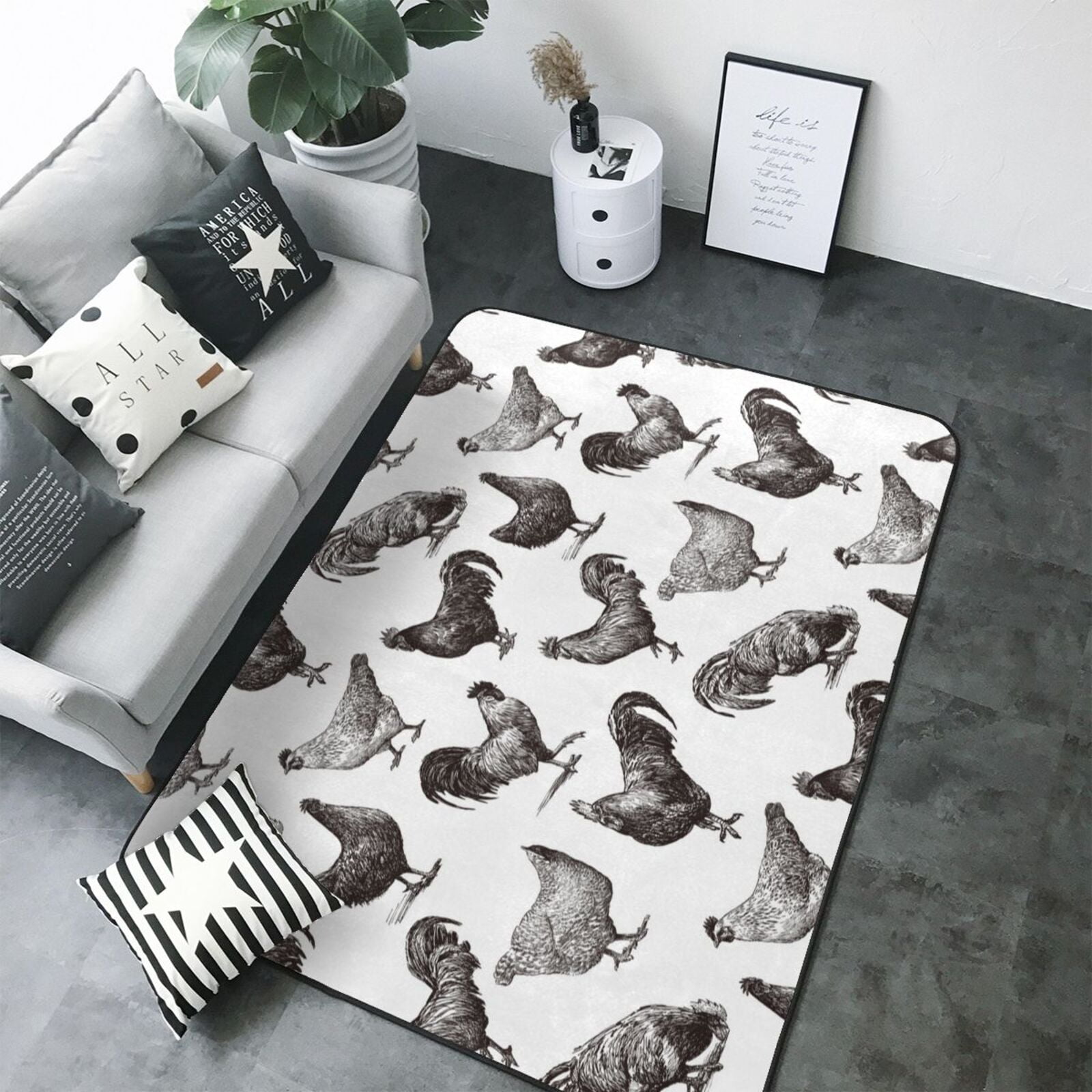 Area Rugs, Sketch Chicken Black White Washable Large Rugs for Living ...