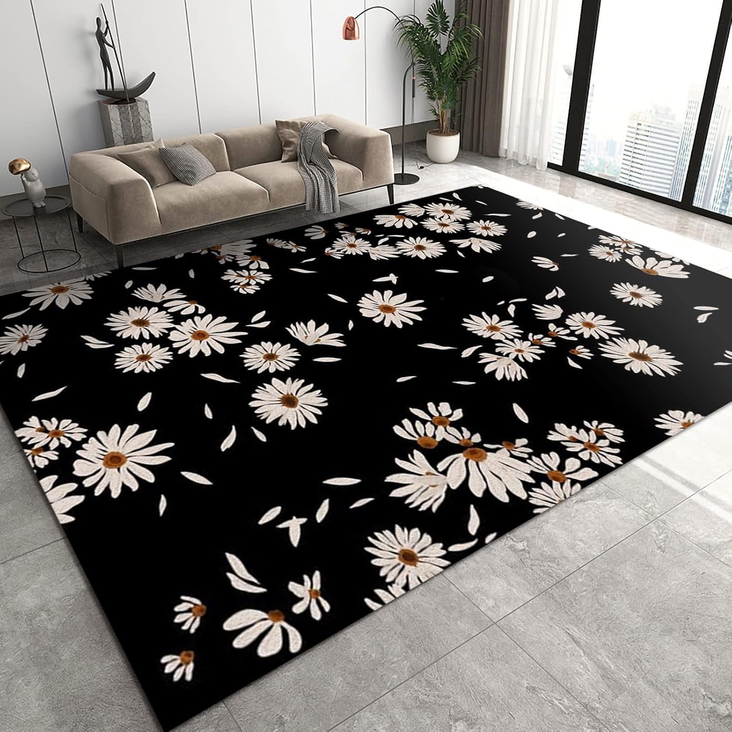 Area Rugs Of Small White Chrysanthemums, Black Background Rug, Washable ...