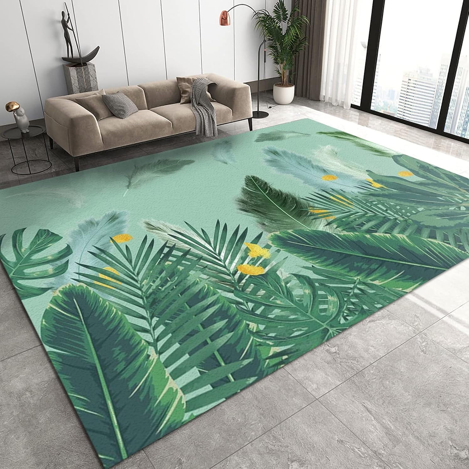 Area Rugs of Tropical Green Leaves, Carpet of Feather Plants, Bedroom ...