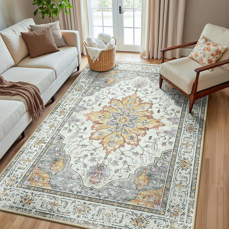 Area Rugs Washable Non-Slip, Floral Vintage Distress Print Pattern ...