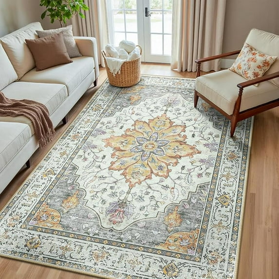 Area Rugs Washable Non-Slip, Floral Vintage Distress Print Pattern ...