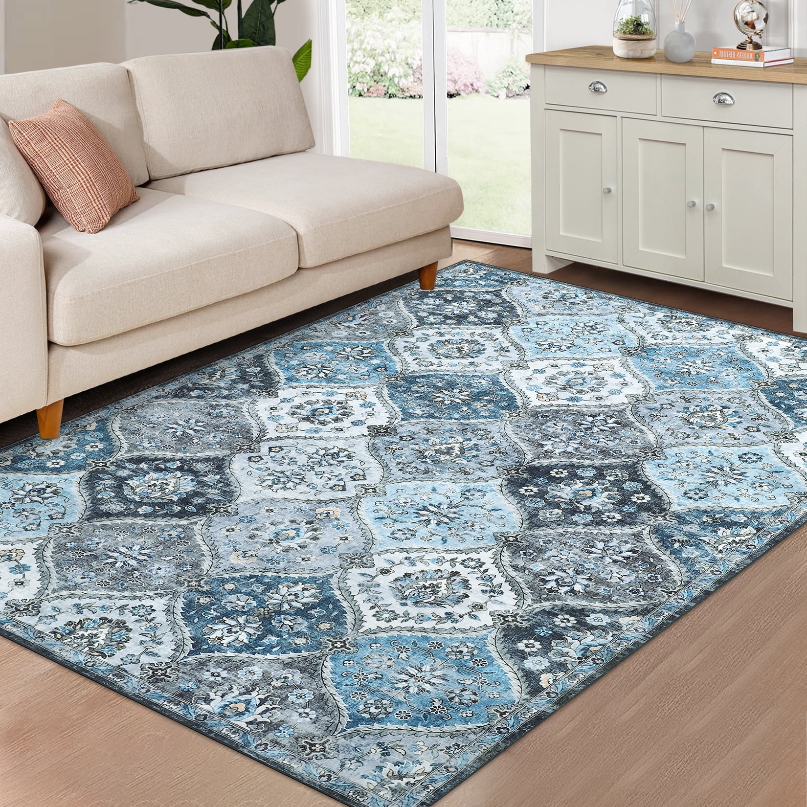 Area Rugs,Washable Non-Slip Mat,Floral Vintage Distress Print Pattern ...