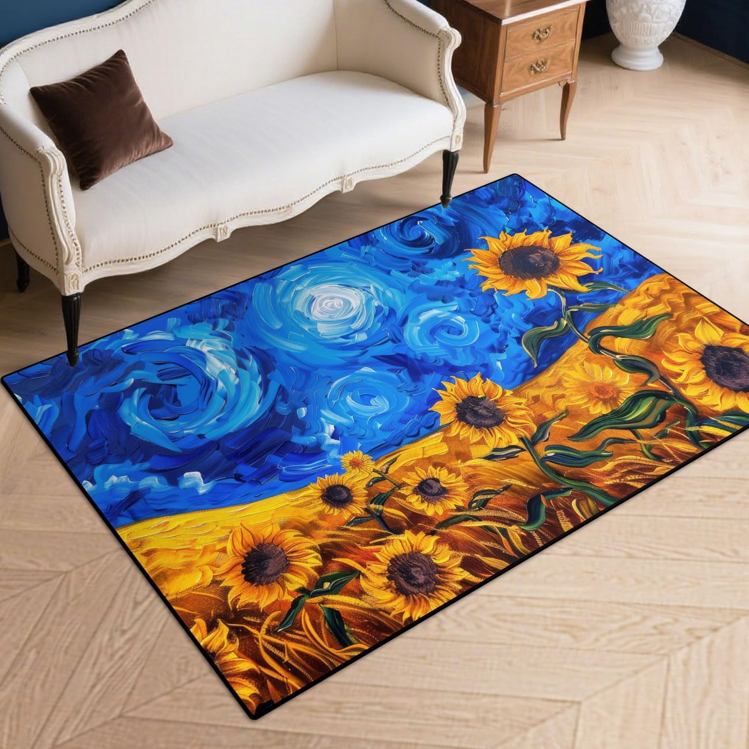 Area Rugs Washable Non-Slip, Sunflower Print Medallion Carpet for Room ...