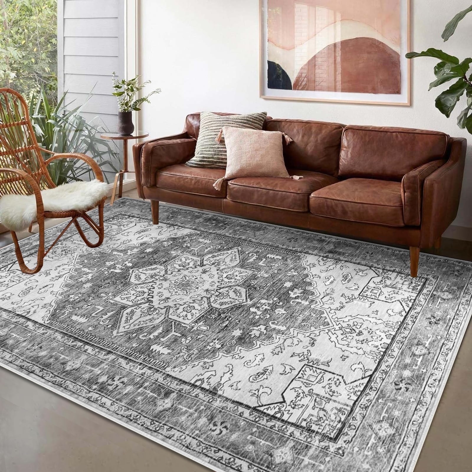 Yamaziot Washable Vintage Boho Area Rug, 4'x6', Faux Wool, Living Room ...