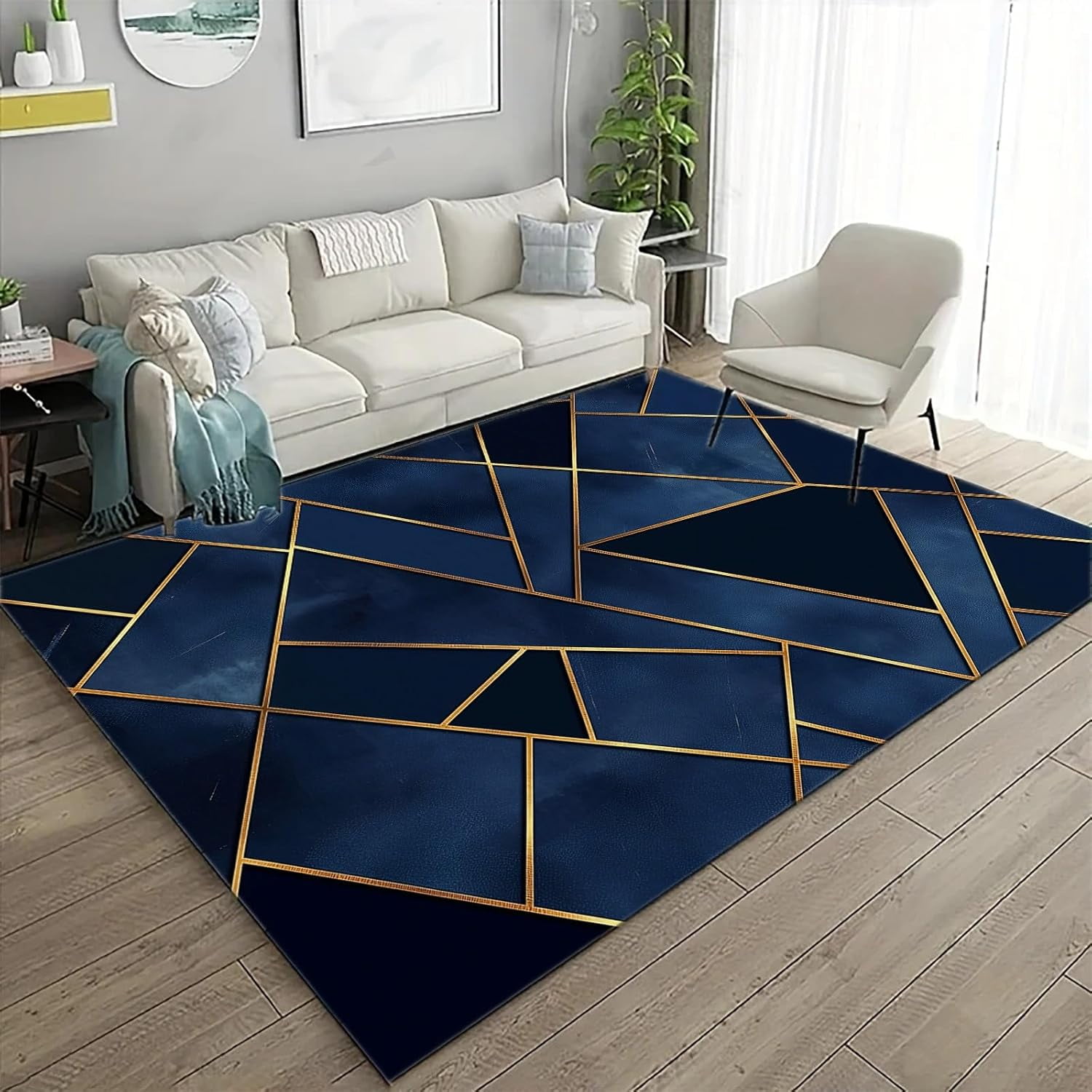 Area Rugs for Living Room 4x7 ft Blue and Gold Geometric Background Non ...