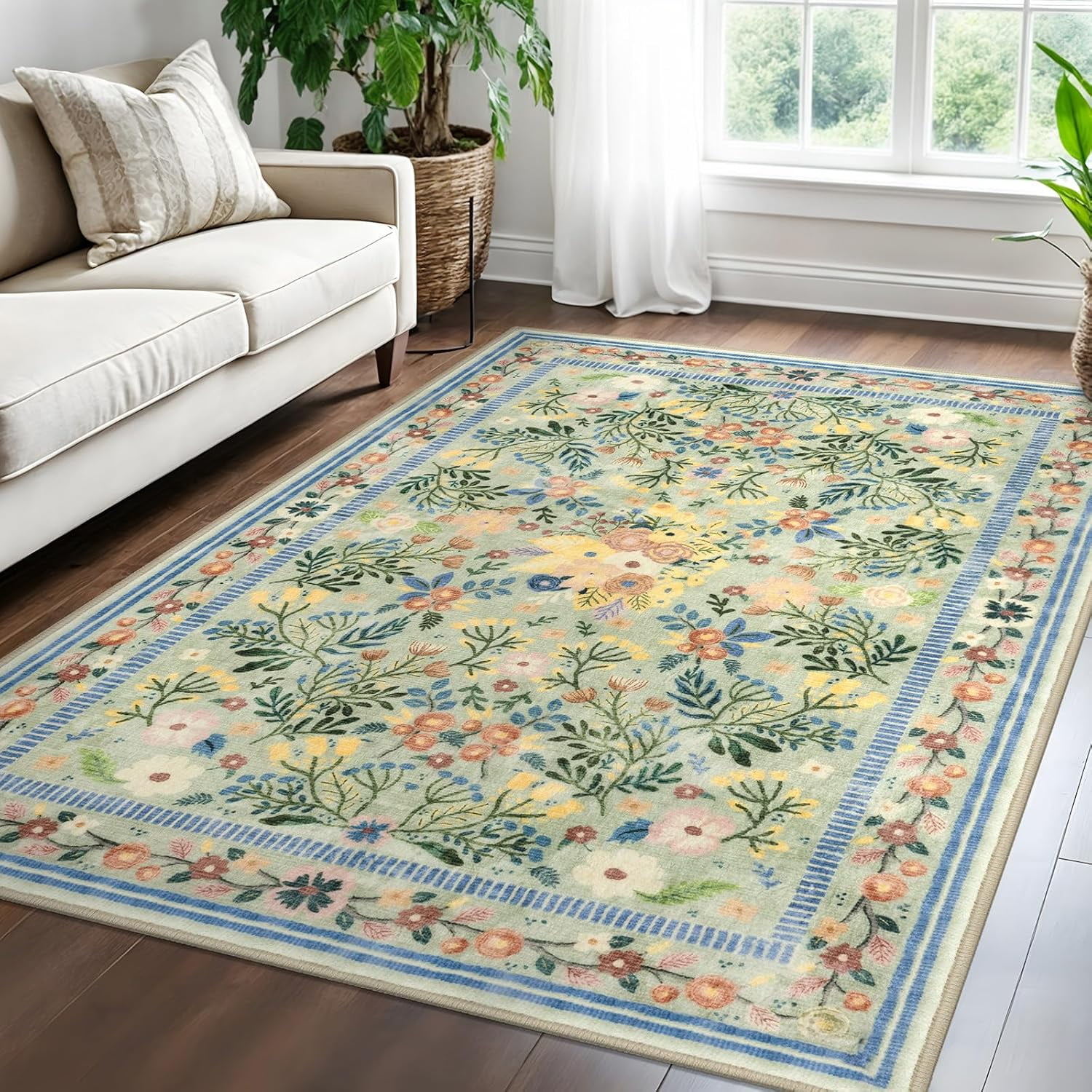 Area Rugs for Room 5x7, Washable Boho Thin Floral Room Rug Non-Slip ...