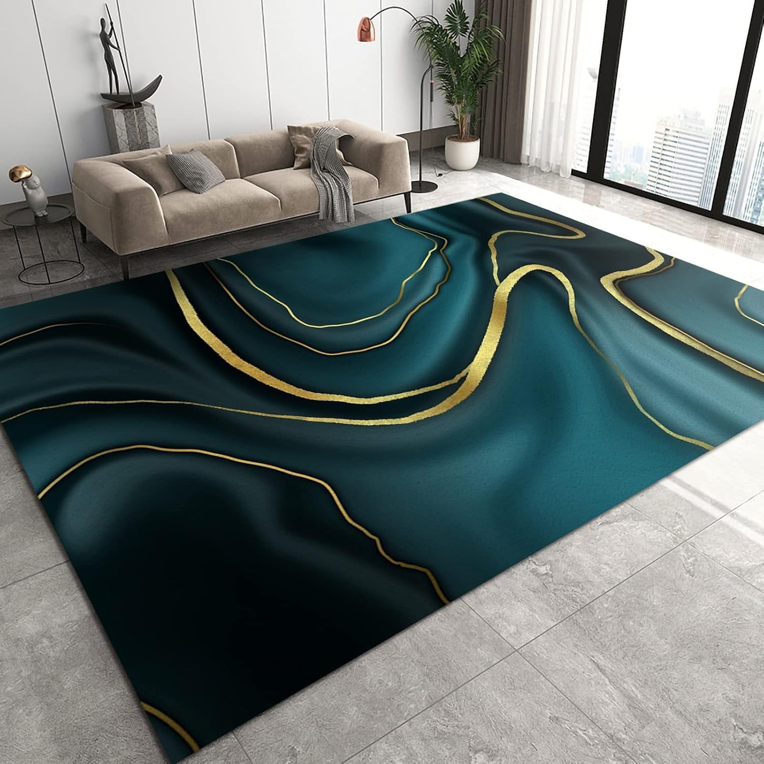 Area Rugs of Golden Curved Lines, 3D Green Carpet, Floor Mat Easy to ...