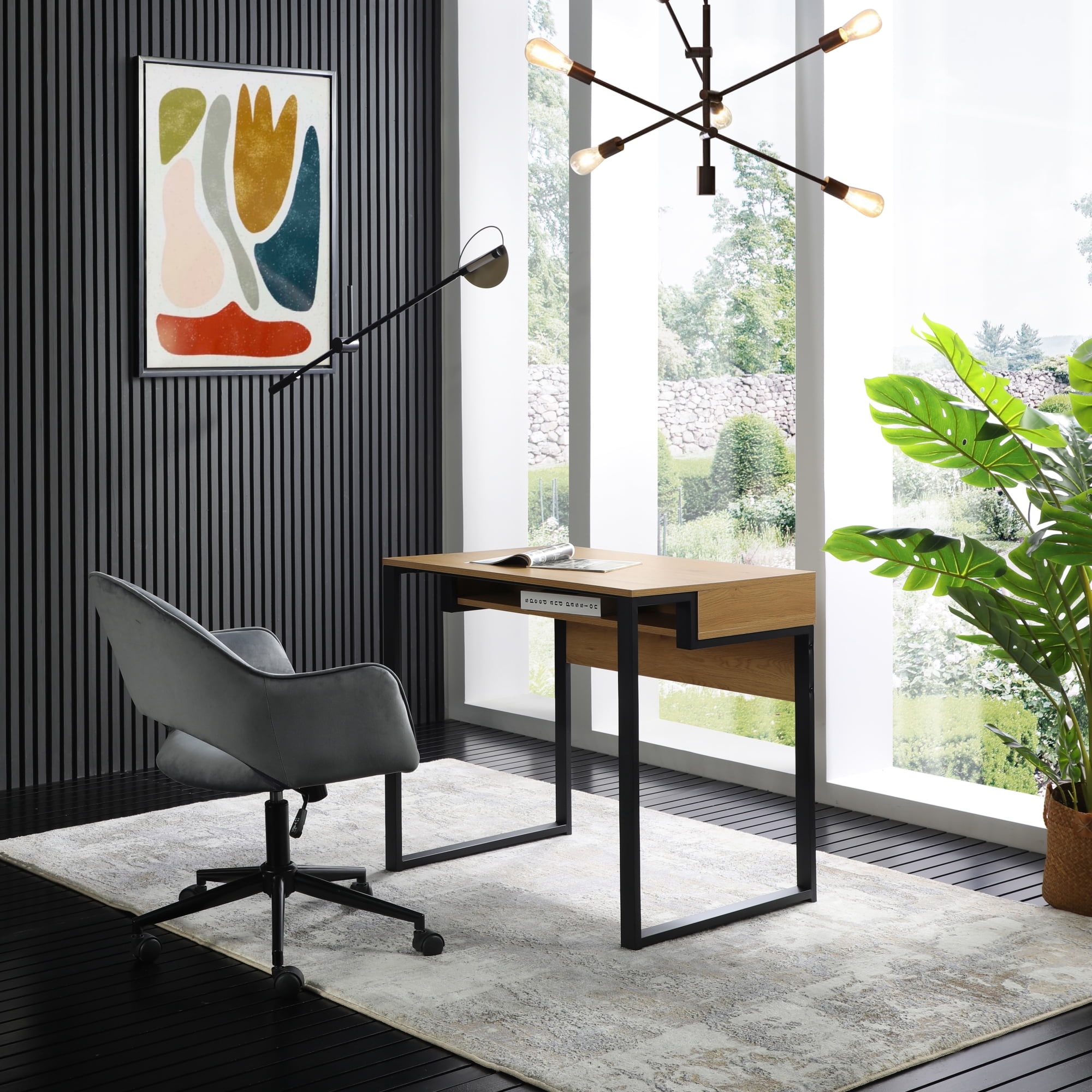 Arely Rectangular MDF Desk with Front and Back Storage, Natural/Black ...